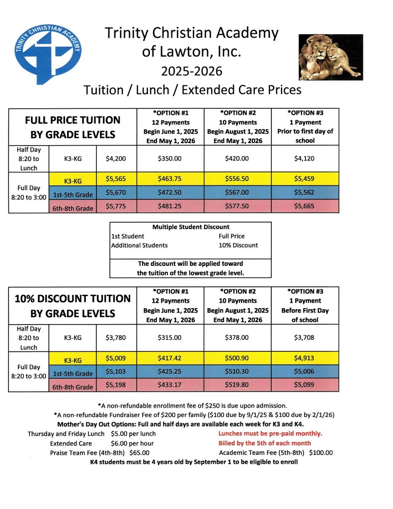 Tuition and Fees – Trinity Christian Academy — Lawton, OK
