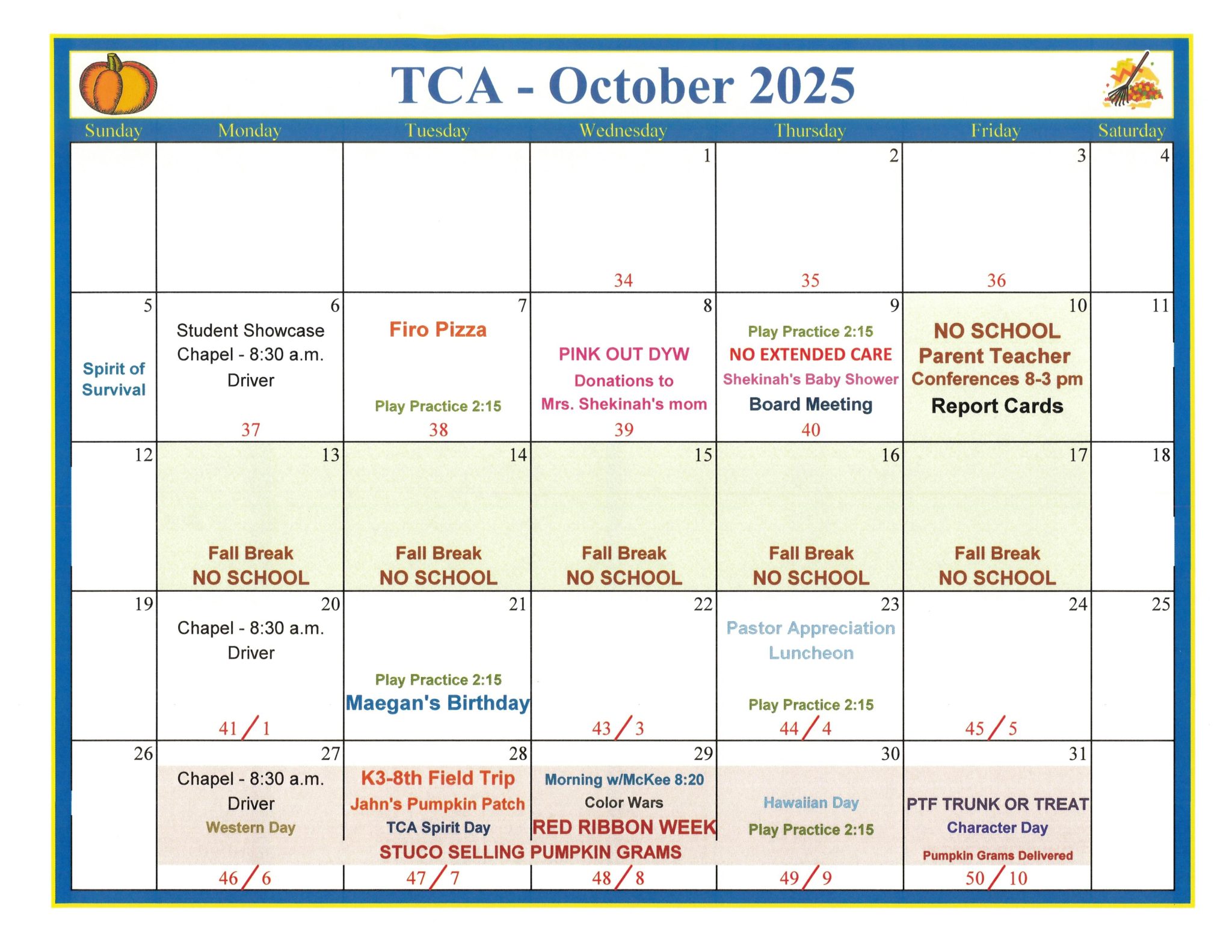 Monthly Calendar – Trinity Christian Academy — Lawton, OK